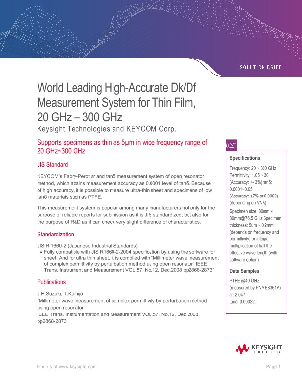 World Leading High-Accurate Dk/Df Measurement System for Thin Film, 20 GHz - 300 GHz PDF Asset ...